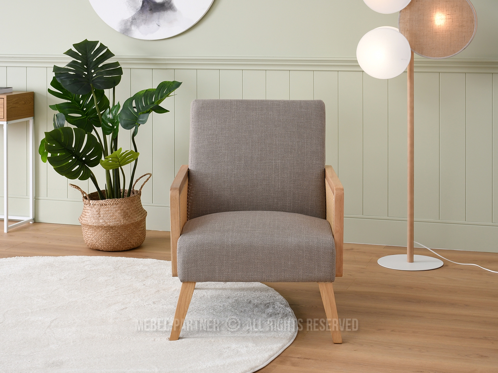 Fotel rattanowy boho FOSTER BEŻOWY NOGI DĄB